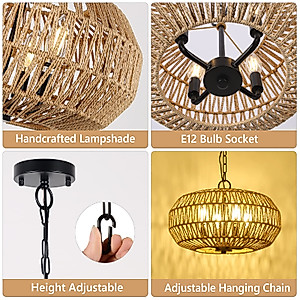 Farmhouse Rattan Pendant Lights, 15.7" 4-Light Boho Chandelier Light Fixture, Wicker Hand Woven Basket Pendant Hanging for Dining Room Living Room Kitchen Island Bedroom Foyer, Height Adjustable