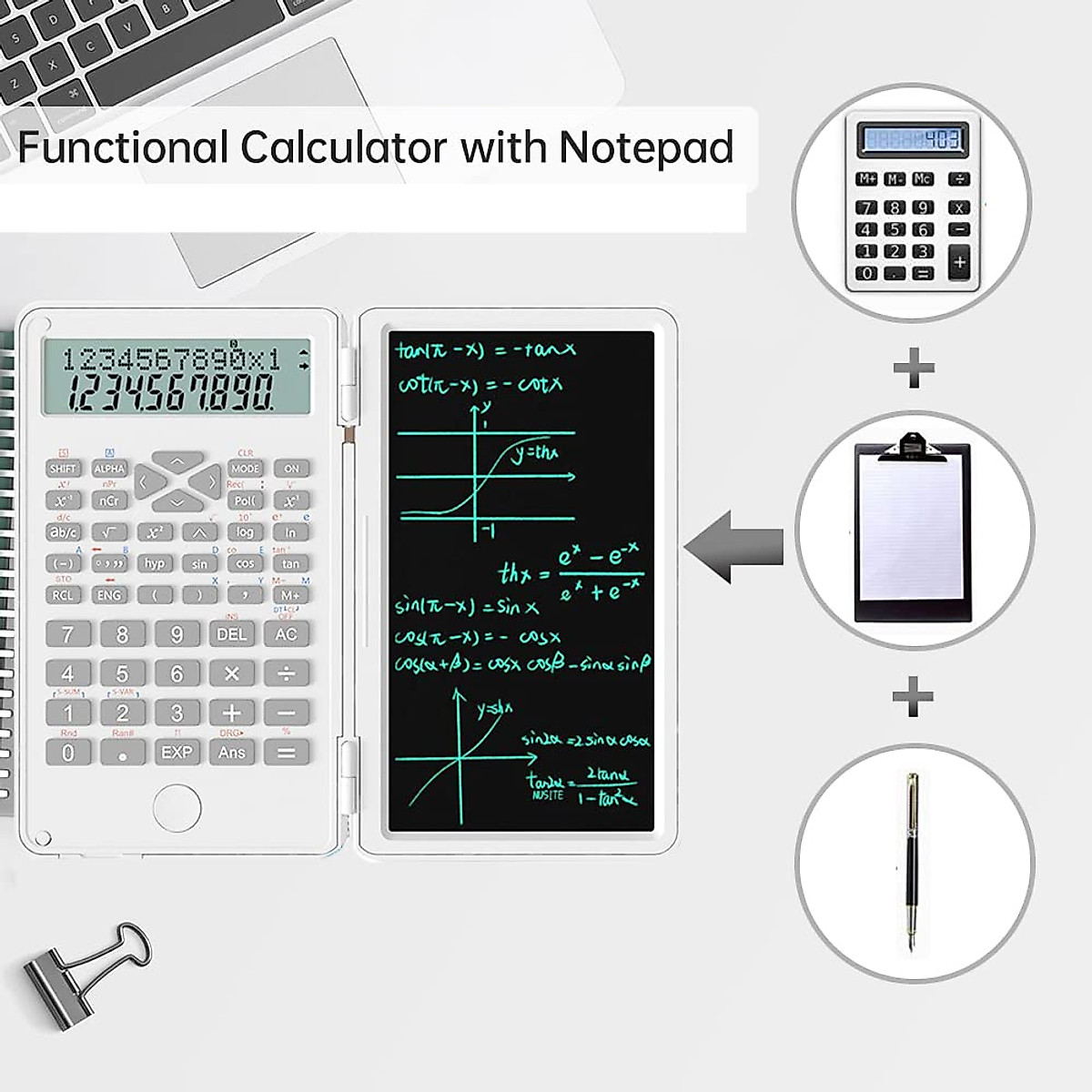 2 in 1 Scientific Calculator with Writing Tablet, Desktop Pocket LCD Science Calculator Notepad Professional Financial Calculator for Home School Office Business(White)