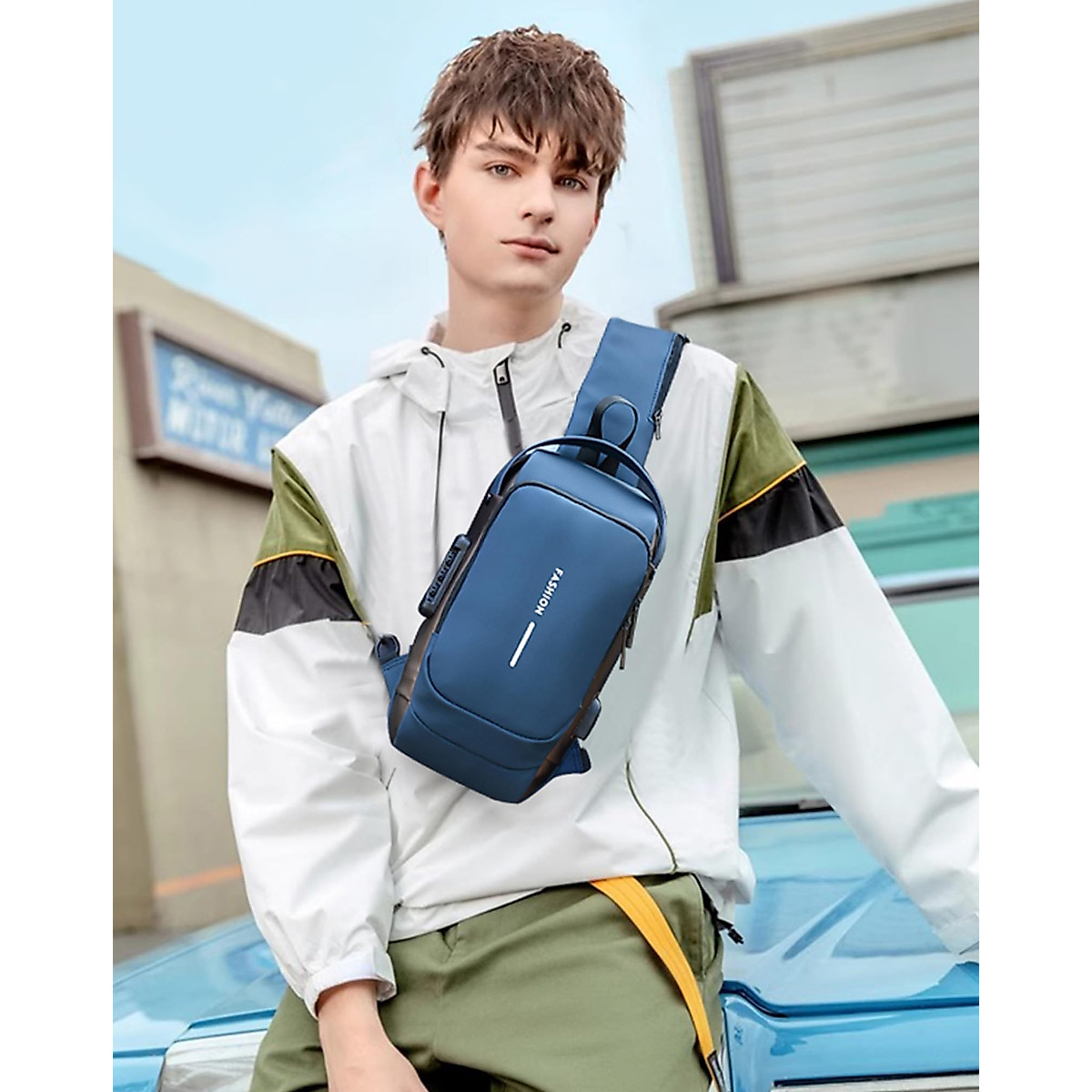 Geanbun Anti-Theft Sling Bag USB Shoulder Bag Crossbody Backpack Waterproof Chest Daypack Lightweight(Blue)