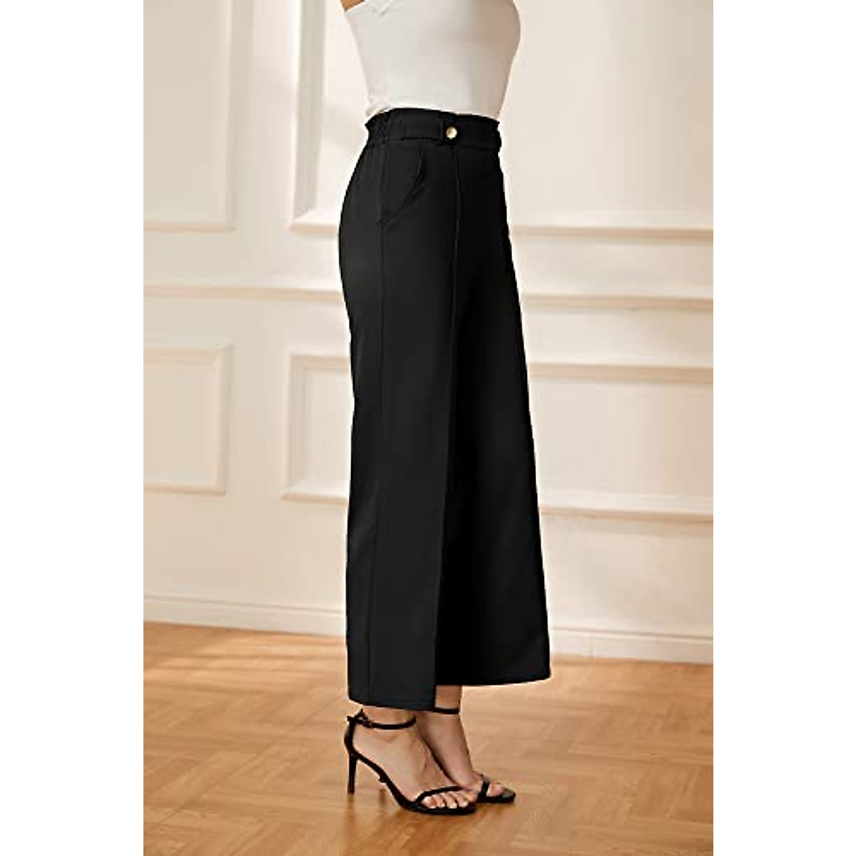 GRACE KARIN Women's Straight Leg Cropped Dress Pants Elastic High Waist Wide Leg Business Casual Slacks Capris with Pocket Black L