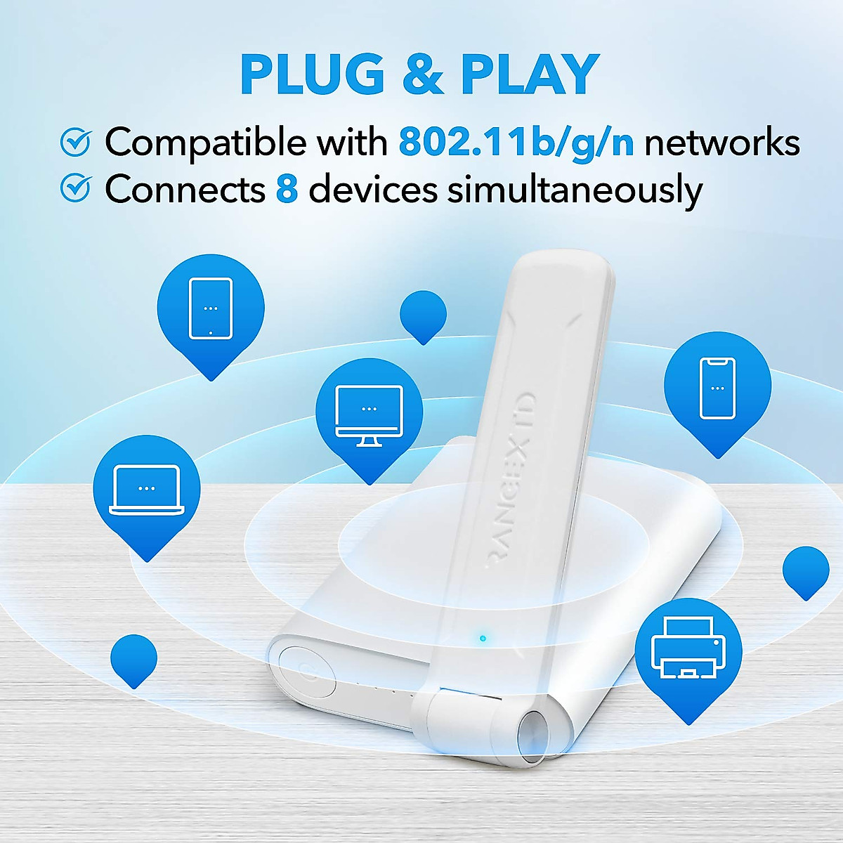 RANGEXTD USB WiFi Extender Antenna - USB WiFi Adapter for Desktop PC and Laptop | 300 Mbps USB WiFi Range Extender | 2.4GHz Dual-Antenna WiFi USB Stick | USB WiFi Antenna Extends WiFi to 1000 Sq. Ft