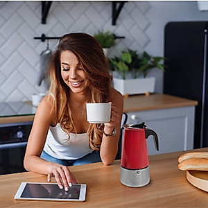 Mixpresso Stovetop Espresso Coffee Maker 15oz/9 Espresso Cup, Moka Coffee Pot with Coffee Percolator Design, Stainless Steel Stovetop Espresso Maker, Italian Coffee Maker, Red Coffee Maker