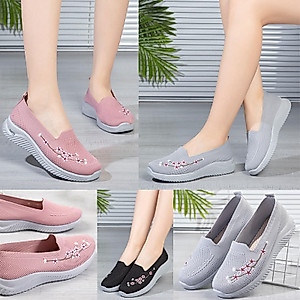 Lymphvity Women's Flower Embroidered Mesh Slip On Walking Shoes Height Fashion Wedge Increasing Loafers Sneakers Non Slip Memory Foam Mom Walking Nurse Shoes (7,Pink)