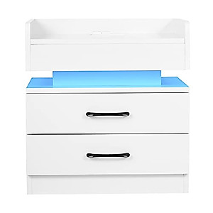 LED Nightstand with Charging Station, White Night Stands with USB Charging Ports and LED Lights, Modern Wooden Bedside Table with 2 Drawers, Small End Side Table with Drawers for Bedroom, Living Room