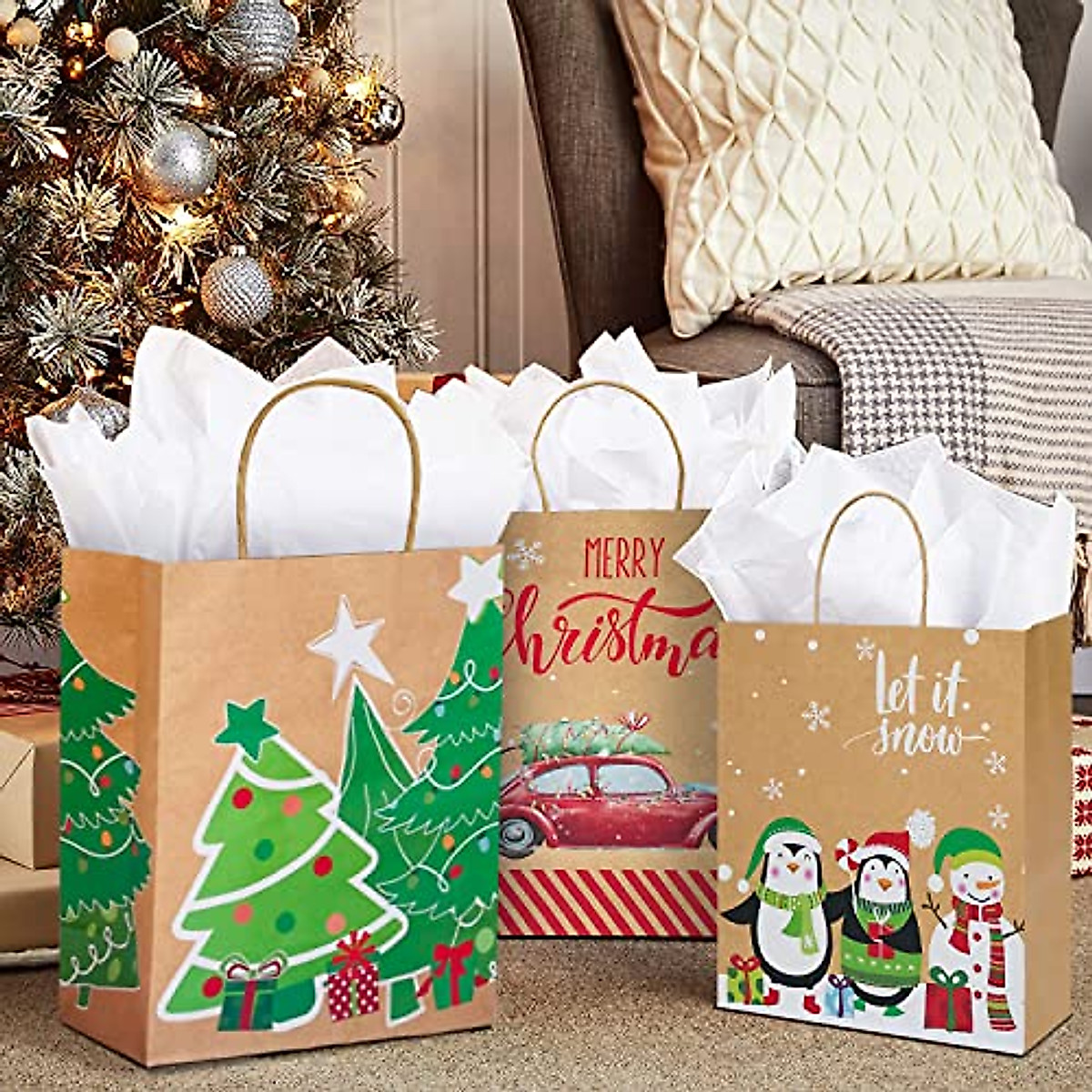 24 Large Kraft Christmas Gift Paper Bags Bulk with handles and 60 Count Christmas Gift Tags-12 Designs big size sacks set for Wrapping Xmas Holiday Presents