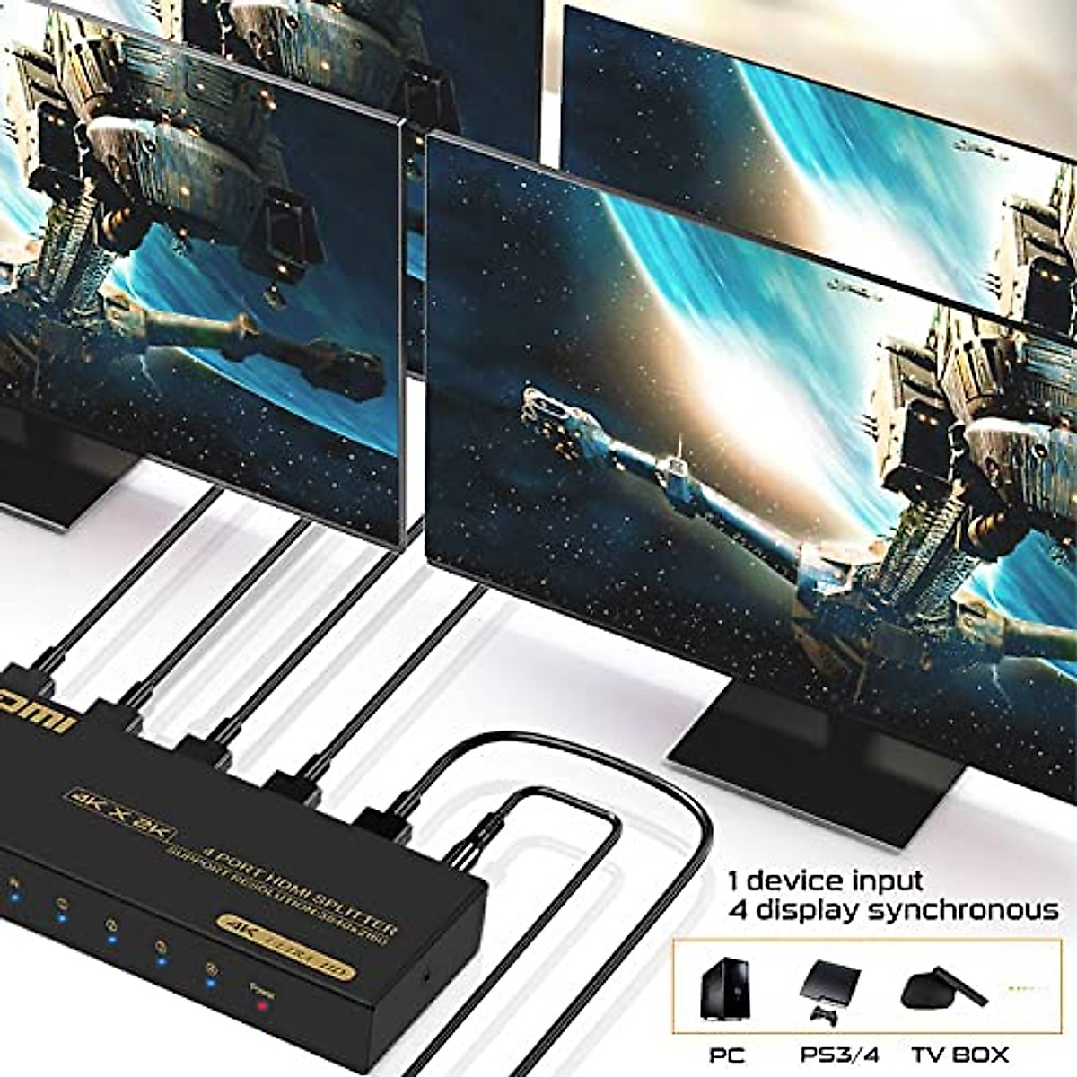 4K HDMI Splitter 1 in 4 Out, HDMI Splitter 1 Input 4 Output Support 4K 60Hz Full HD 1080P and 3D, Compatible with Xbox PS3/4 Roku Blu-Ray Player