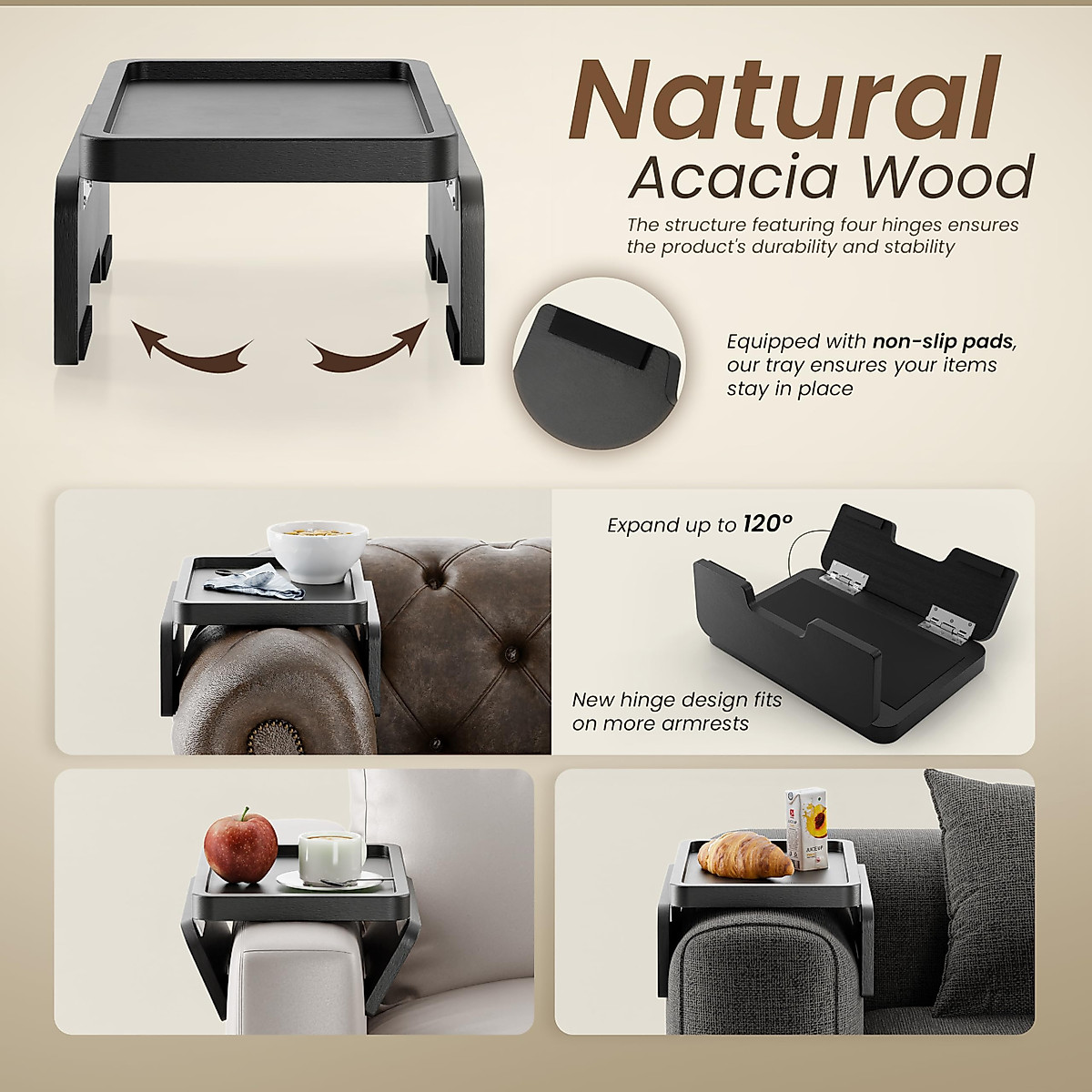 HOLANA Acacia Wood Sofa Armrest Tray -Double Hinge Sofa Arm Tray Table Clip - Couch Arm Table - Wooden Side Tables for Small Spaces for Eating and Drink (Classic, Black)