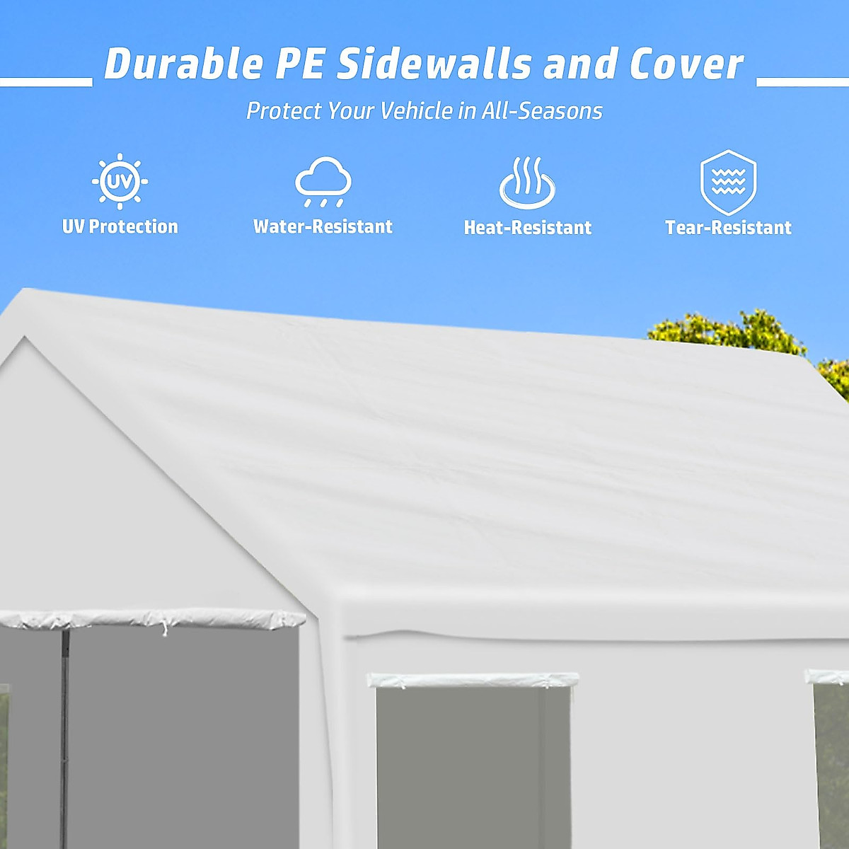 Aoodor 20 x 12 FT. Vehicle Carport Canopy Portable Garage Party Canopy Tent Boat Shelter, Heavy Duty Metal Frame with Removable Rool-up Sidewalls and Doors, White