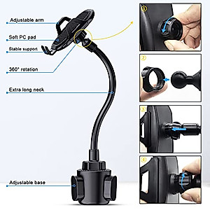 Lopnord Car Phone Holder Mount Cup Holder, Phone Mount for Car Compatible with iPhone 14 13 Pro Max/Samsung Galaxy S23 S22 Ultra/S21/S20, Cell Phone Holder Car Flexible Gooseneck Phone Holder for Car