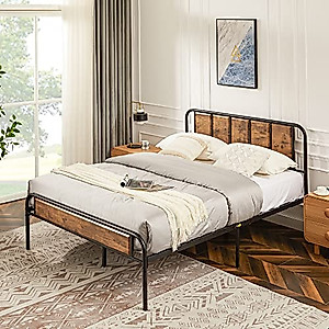 VECELO Queen Size Bed Frame Metal Platform with Wood Headboard Footboard Heavy Duty Mattress Foundation with Steel Slats Support Under Bed Storage/Easy Assemble