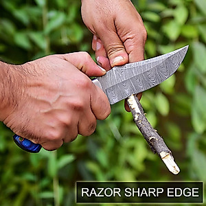 BG Knives 9.25" Overall Length Handmade Damascus Steel Hunting Fixed Blade Skinner Knife With Leather Sheath, Pakkawood Handle BG-133