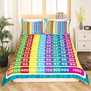 Feelyou Numbers Alphabet Duvet Cover Queen, Educational Learning Comforter Cover for Kids Boys Girls Numbers Bedding Set Learning Time Bedspread Cover Microfiber Bedclothes Zipper (No Comforter)