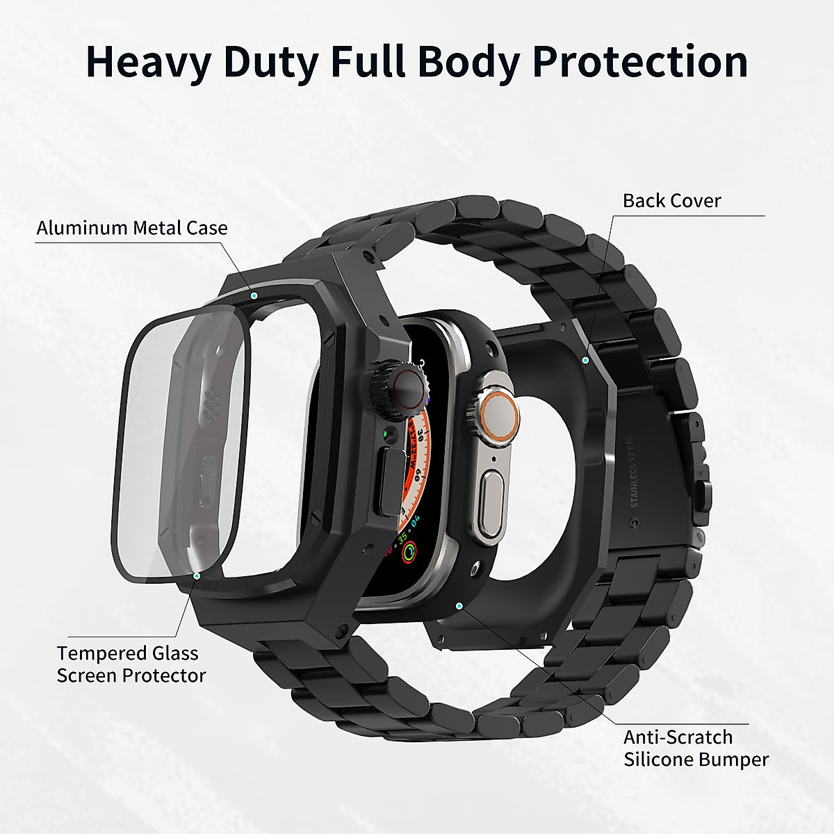 DGYSG Luxury Aluminum Case with Stainless Steel Band for Apple Watch Ultra / Ultra 2 Titanium 49mm, Rugged Metal Military Protective Cover Protector, Tactical Heavy Duty Protection for Men iWatch,