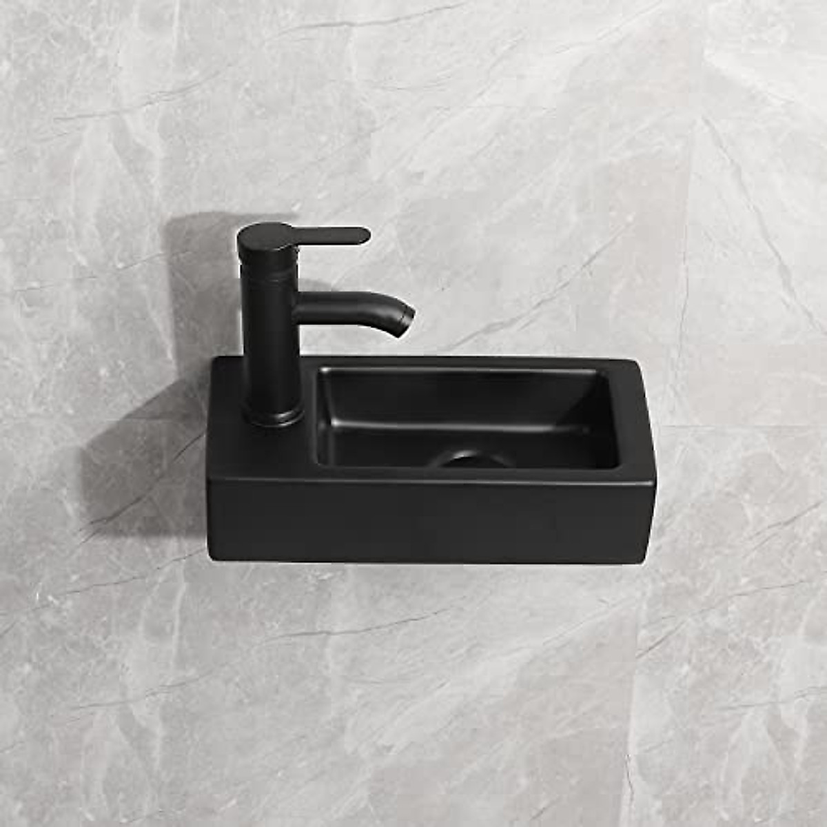 Black Bathroom Rectangle Wall Hung Porcelain Ceramic Small Sink Wash Art Basin with Overflow&Faucet for Cloakroom Lavatory Toilet (Left Hand)