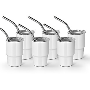 AGH 3 oz Mini Tumbler Shot Glass with Straw and Lid White Stainless Steel Sublimation Tumblers Double Wall Vacuum Insulated Cups, 6 Pack