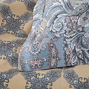 JUCFHY Duvet Covers Sets Cotton Paisley Damask Medallion -1000TC Egyptian Cotton Duvet Cover- Reversible Percale Weave Comforter Cover Set-3pcs Soft Breathable Bedding(Queen,Light Blue Floral)
