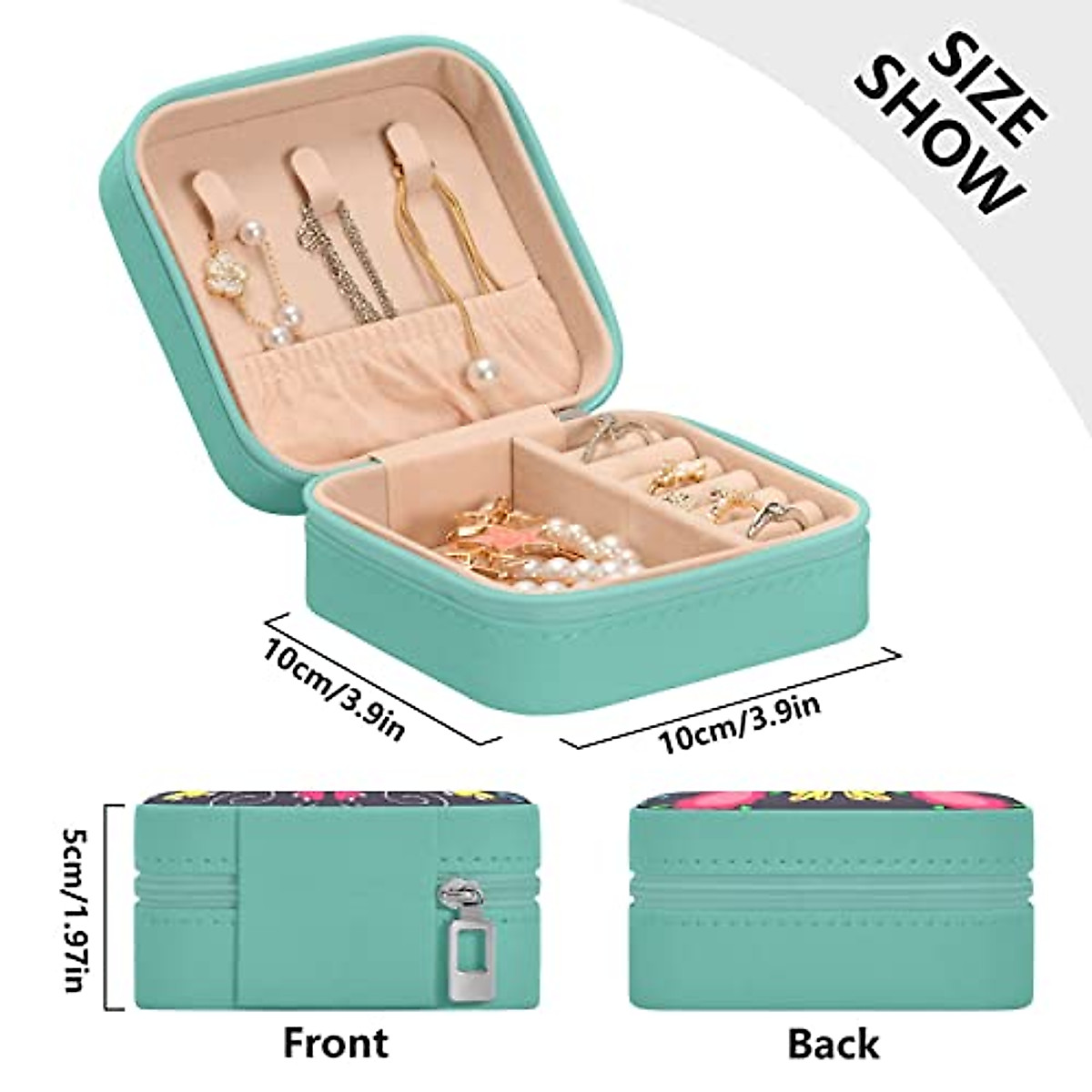 Tatenale Travel Jewelry Case Box Small Mini Jewelry Organizer Display Storage for Ring Earrings Necklace Girls Women Men Floral Black Aqua