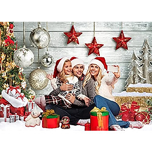 CHAIYA 8X6FT Christmas Backdrop White Wood Floor Photography Backdrop Winter Snow Christmas Balls Xmas Tree Gift Family Party Photo Background New Year Party Decoration CY194