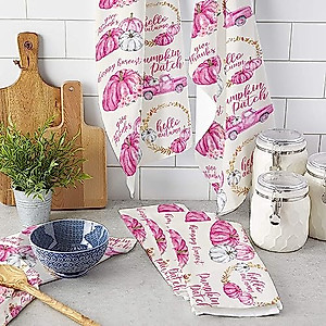 Fall Kitchen Towels Set White Pink Pumpkin Truck Flower Thanksgiving Dish Towel Autumn Leaf Dishcloths 4 Pack,Absorbent Soft Cotton Dish Cloths Tea Towels Fall Seasonal Decoration Hand Towels Set