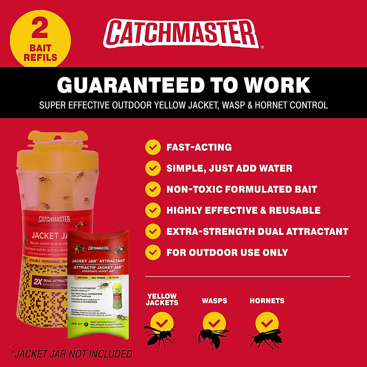 Catchmaster Yellow Jacket, Hornet, & Wasp Trap Jar Bait Refill 2-Pk, Reusable Bug Catcher Attractant, Outdoor Flying Insect Trap, Wasp Killer Bug Trap, Pet Safe Pest Control for Backyard & Patio