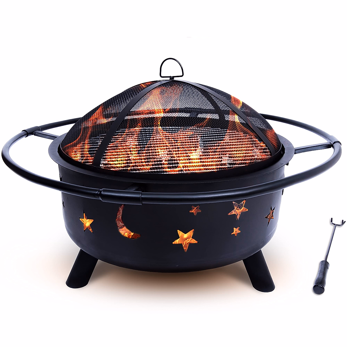 Project One Outdoor Fire Pit - 30 Inch Round Bonfire Wood Burning Patio & Backyard Firepit for Outside with Cooking BBQ Grill Grate, Spark Screen, and Fireplace Poker