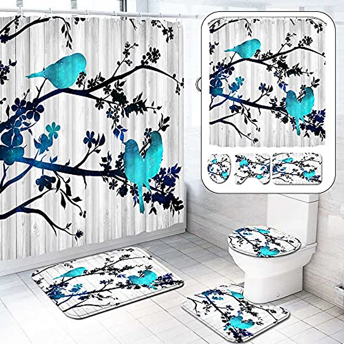 ArtKissMore Bird Tree Shower Curtain Set with Non-Slip Rugs Toilet Lid Cover and Bath Mat Flower Tree and Birds Animal Print Design Bathroom Curtains Fabric Decor with 12 Hooks