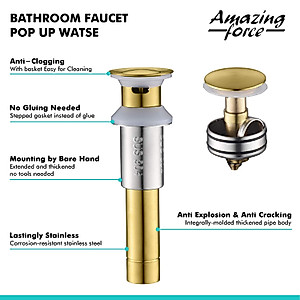 Bathroom Sink Drain Stopper Bathroom Pop Up Drain With Overflow Vessel Sink Lavatory Vanity Pop Up Sink Drain with Strainer Basket Brushed Gold