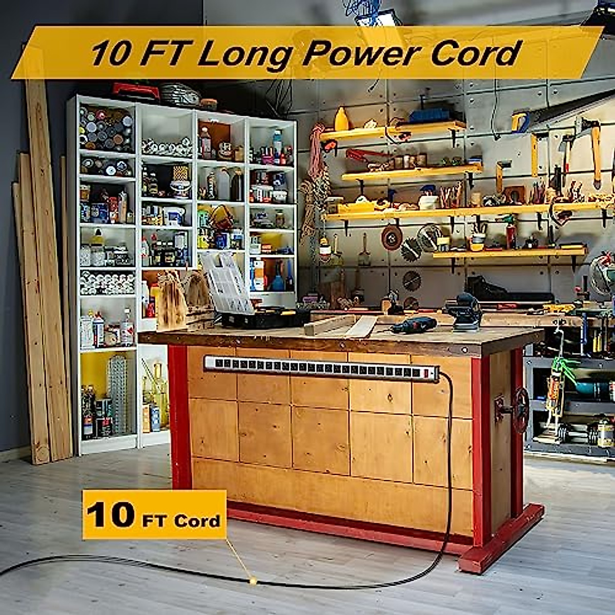 Long Power Strip 24-Outlet ETL Certified Heavy Duty Metal Power Strip 10 ft Extension Cord with Multiple Outlets Garage Workshop Commercial Industrial Power Strip