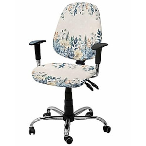 Christmas Office Chair Cover 2 Piece, Stretch Elastic Computer Desk Rotating Chair Seat Back Covers, Xmas Eucalyptus Stretchable Chair Slipcover Protectors Cover Winter Snowflake Farmhouse Flower