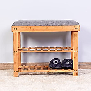 Knocbel 23.6in Bamboo Entryway Cushioned Shoe Bench with Slatted Shelves, 3-Tier Portable Shoes Storage Rack Organizer (Natural)
