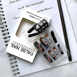 Halloween Press on Nails Long Square Fake Nails Eight Ghost Face Bleed Designs False Nails Full Cover Abstract Acrylic Nails Matte Extra Long Glue on Nails Halloween Stick on Nails for Women Girls