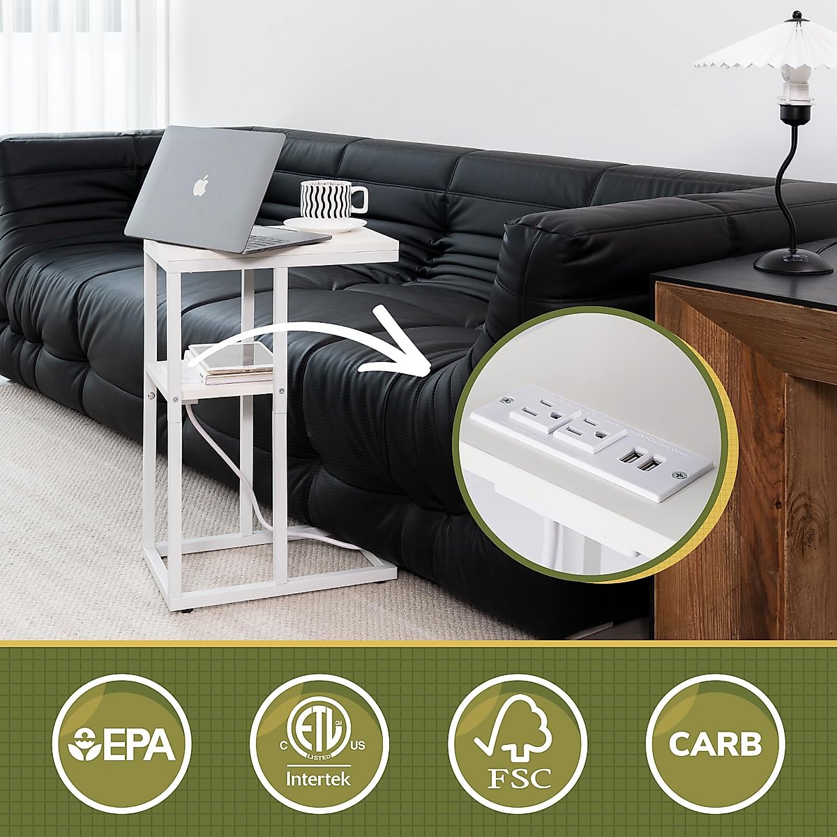 Yoobure C Shaped End Table with Charging Station, Small Side Tables for Living Room Bedroom, Sofa Table with USB Ports and Outlets for Small Spaces, Couch Table Rustic Snack Table Bed Side Table