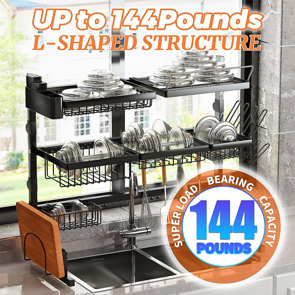 Over Sink Dish Drying Rack (Expandable Height/Length) Snap-On Design Large Dish Drainer Stainless Steel Storage Counter Organizer (31-39.5L x 12W x 34-38H (inches))