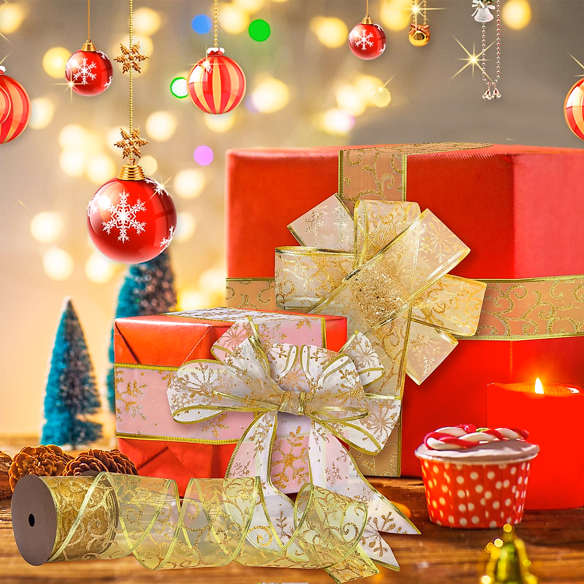 2.5'' Christmas Tree Ribbon Wired, 3 Rolls 30 Yards Gold Christmas Ribbon Mesh Swirl Sheer Glitter Snowflake Organza Ribbon for Christmas Tree Decorations Gift Wrapping, Crafts Garland Xmas Wreath