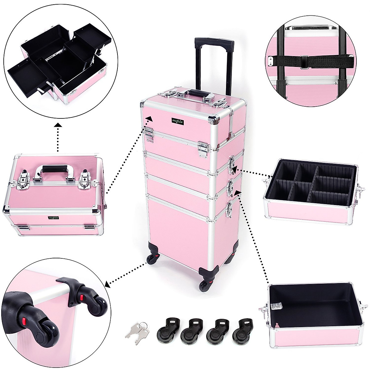 mefeir 4 in 1 Rolling Makeup Train Case, Aluminum Makeup Travel Organizer Cosmetic Case, Cosmetology Display Suitcase on Wheels, Beauty Storage Luggage Lockable w/4 Removable Wheels (Pink)