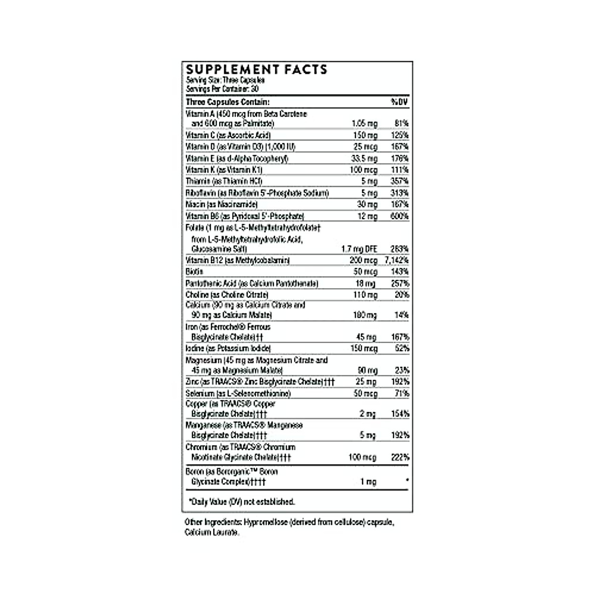 Thorne Basic Prenatal - Well-Researched Folate Multi for Pregnant and Nursing Women Includes 18 Vitamins and Minerals, Plus Choline - 90 Capsules - 30 Servings