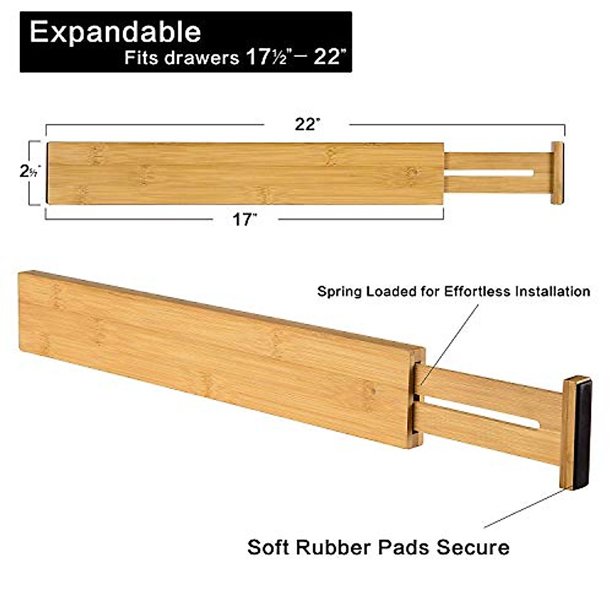 Vinkki Bamboo Drawer Divider 4 Pack Kitchen Utensil Drawer Organizer Separators Spring Adjustable & Expendable Drawer Dividers Eco-Friendly Bamboo Drawer Partitions Divider for Kitchen Desk