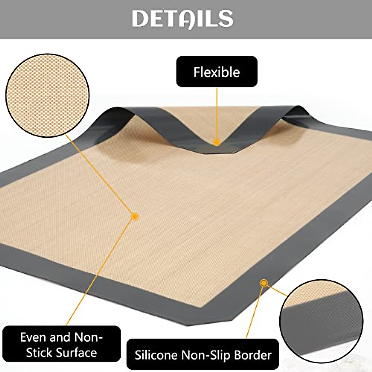 Elyum Silicone Baking Mat, 2 Pack Non-Stick Food Grade Silicone Mat for Baking, Reusable Heat Resistant Half Sheet Baking Mat for Cookies Macarons Bread Pastry (16.5"x11.6", Grey)