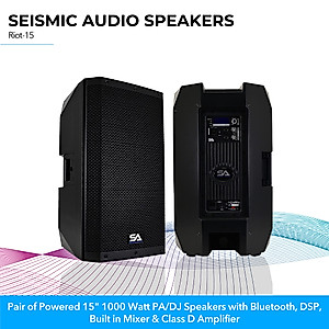 Seismic Audio Speakers Riot-15, Pair of Powered 1000 Watt PA/DJ Speaker with Bluetooth, 15 Inch Speaker, DSP, Built in Mixer & Class D Amplifier