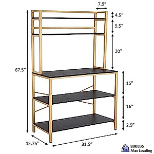 Finnhomy Bakers Racks for Kitchens Storage with Hutch, Coffee Bar Cabinet, Modern 5 Tier Kitchen Shelf Freestanding Microwave Stand Rack for Kitchen/Living Room/Office/Pantry, Gold+Black