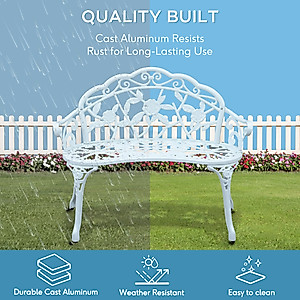 Sun-Ray Outdoor Patio Bench with Rose Detail in White, Cast Aluminum and Cast Iron Bench for Garden, Park, Patio, & Deck
