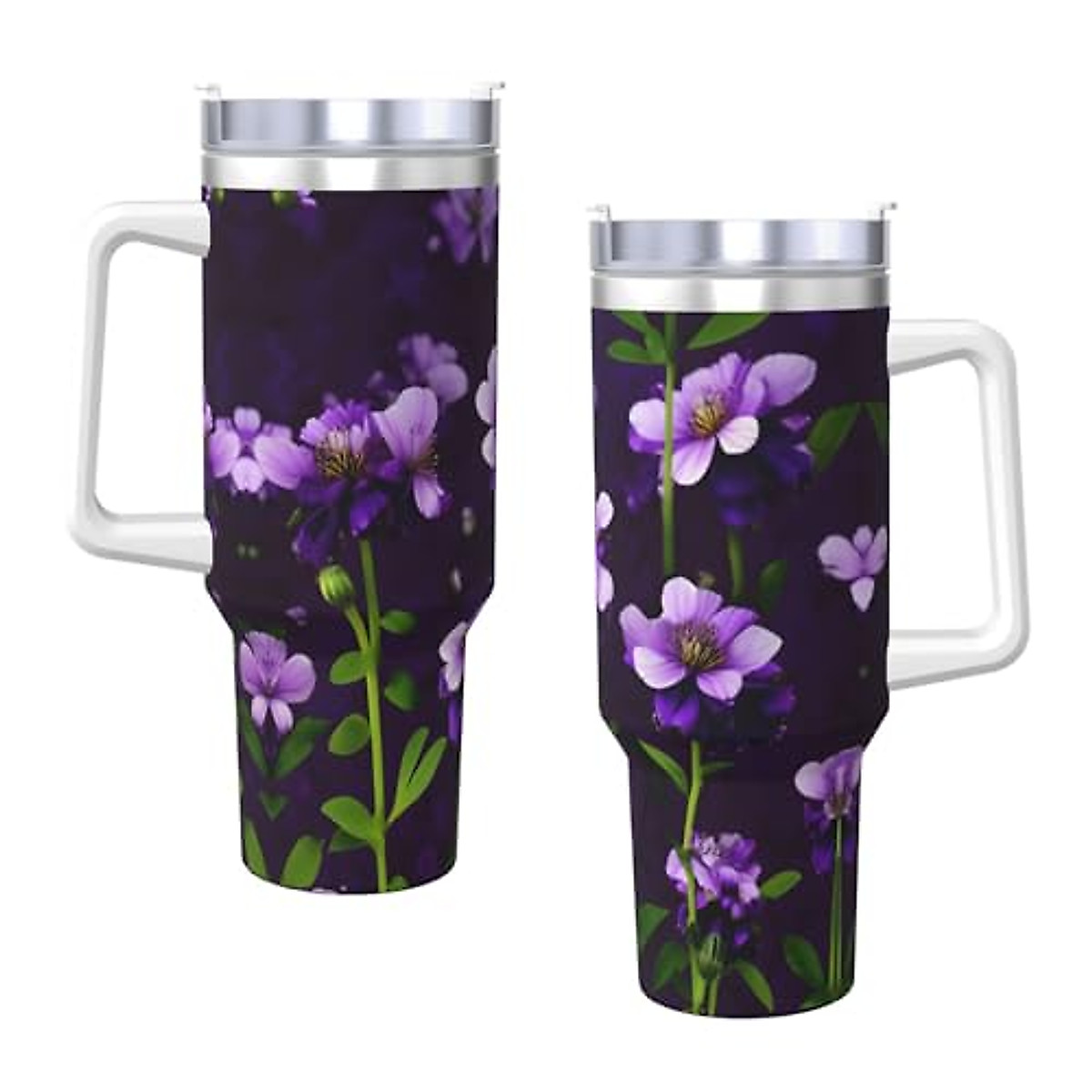 HULIBIN Blooming Purple Flowers Print Double Deck Stainless Steel Travel Coffee Cup With Lid 40 Oz Ice Bully Cup