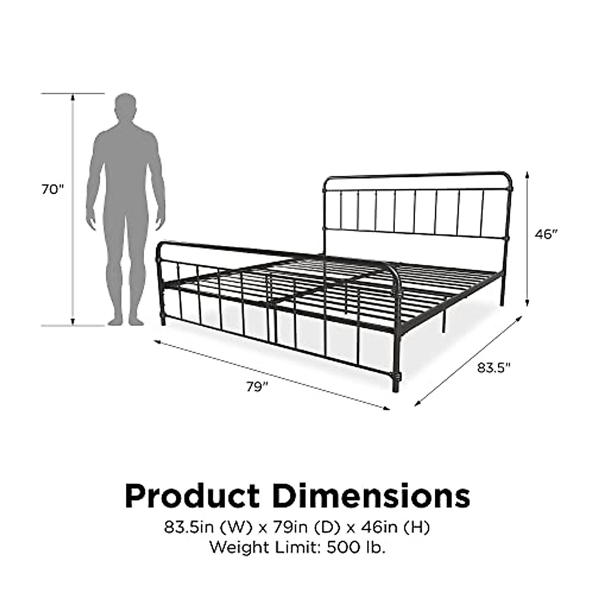 DHP Winston Metal Platform Bed with Rustic Design and Curved Edge Headboard and Footboard, Adjustable Base Height for Underbed Storage, No Box Spring Needed, King, Black