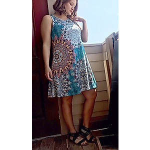 Boho Tshirt Dresses for Women Beach Casual Sleeveless Floral Shift Pockets Swing Loose (L,Bohemian Light Blue)