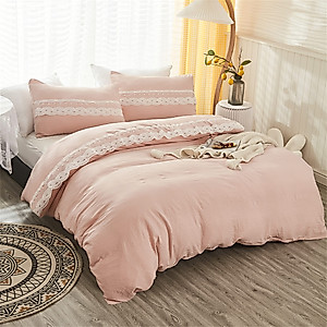 ABREEZE Washed Microfiber Laced Queen Duvet Cover Set,Vintage Grey Shabby Boho Chic Lace Farmhouse Bedding Comforter Quilt Cover 3 Pieces French Country Cottage Queen Bedding