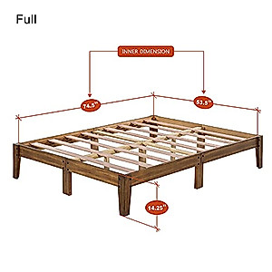 PrimaSleep 14 Inch Solid Wood Platform Bed Frame/Anti-Slip Support/No Box Spring Needed/Easy to Set, Full, Light Brown