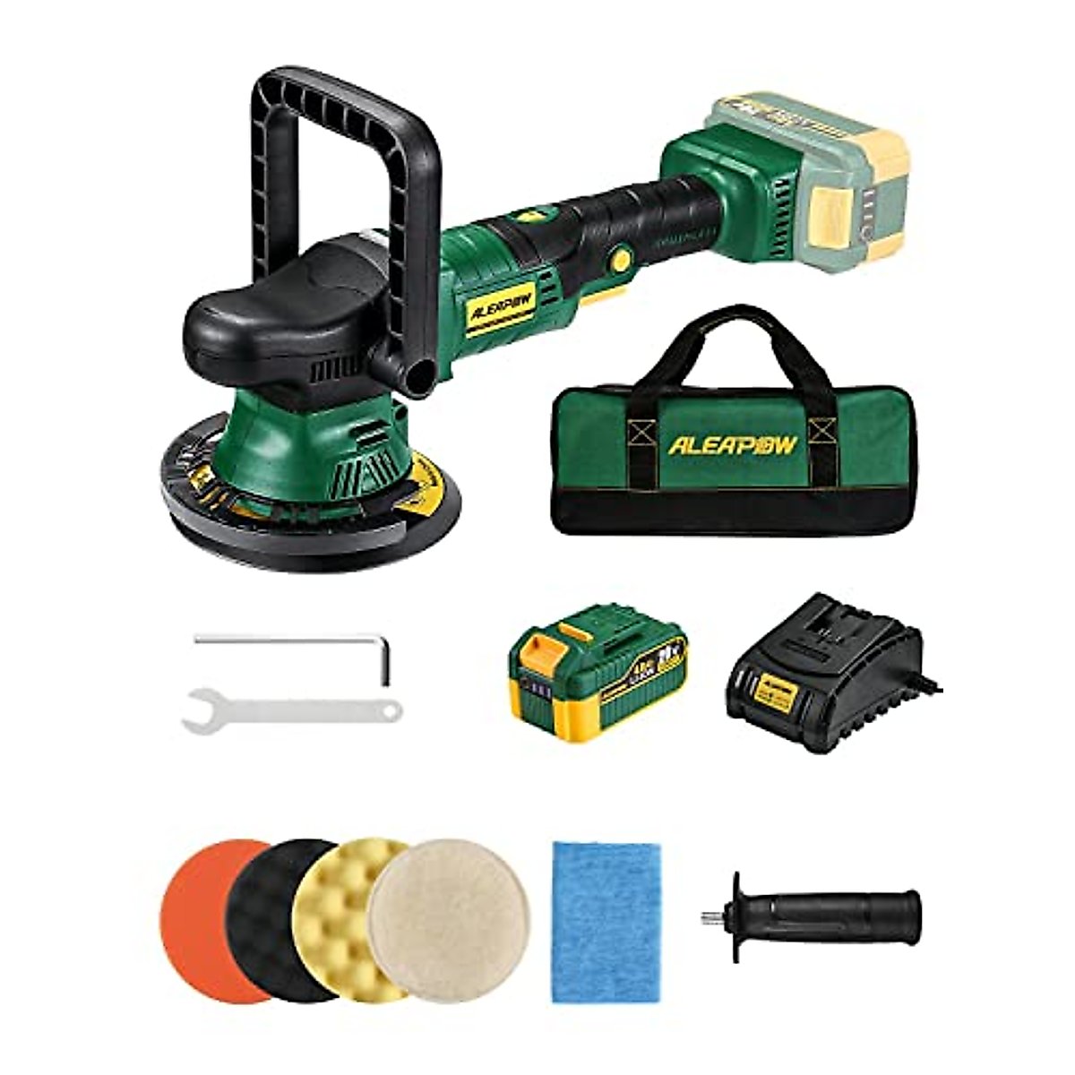 ALEAPOW P10 Cordless Buffer Polisher, 20V Brushless Car Polisher, 4.0Ah Battery, 6 Speed 2000-5500 RPM, Dual Action, D-Handle, Side Handle, Charger, with 4 Pads for Car Polishing, Waxing