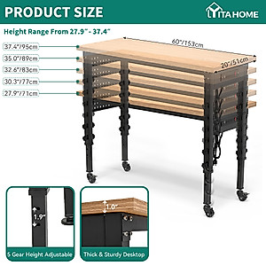YITAHOME Work Bench 60" L X 20" W Adjustable Workbench for Garage W/Pegboard & Power Outlets Hardwood Top Heavy-Duty Workstation, 1600 LBS Load Capacity with Wheels for Workshop, Office, Home Outdoor