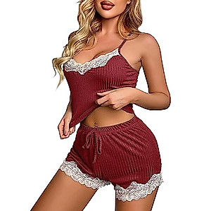 RSLOVE Women's Sexy Pajamas Sets Lace Trim Cami Shorts Sets PJ Set Lounge Set Sleepwear Wine Red Small