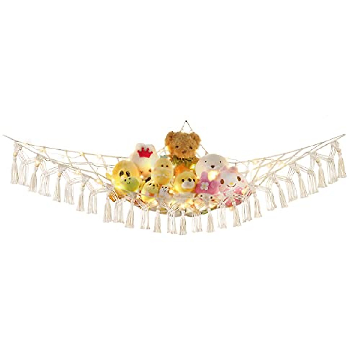 Isuesee Stuffed Animal Net or Hammock Macrame Toy Holder with String Lights Wall Mounted Hanging Corner Toys Storage Organizer Boho Decor for Nursery Kids Room